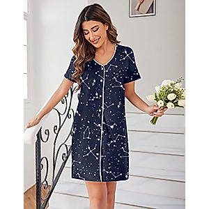 Ekouaer Womens Nightshirt V Neck Ladies Sleepwear Shirts Loose Sleeve Button Pajama Dress (Black,Star Printed)