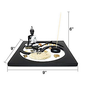 Royal Brands Yin and Yang Zen Garden with Buddha, Rake, Sand and Rock Garden, and Incense Holder – Peace and Tranquility (9"x9"x6")