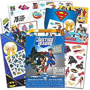 DC Comics Super Hero Party Supplies Set ~ Bundle with 200 Superhero Temporary Tattoos and Justice League Stickers Featuring Wonder Woman, Superman, and More (Party Favors)