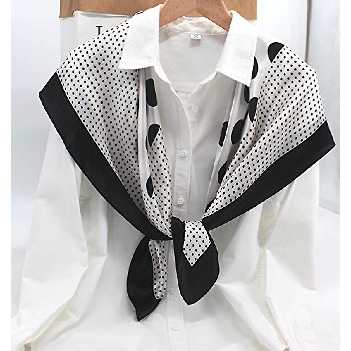 ANDANTINO 100% Pure Mulberry Silk Scarf 35" Large Square Lightweight Headscarf –Women’s Hair Wraps-With Gift Packed (Black&White Polka Dots)