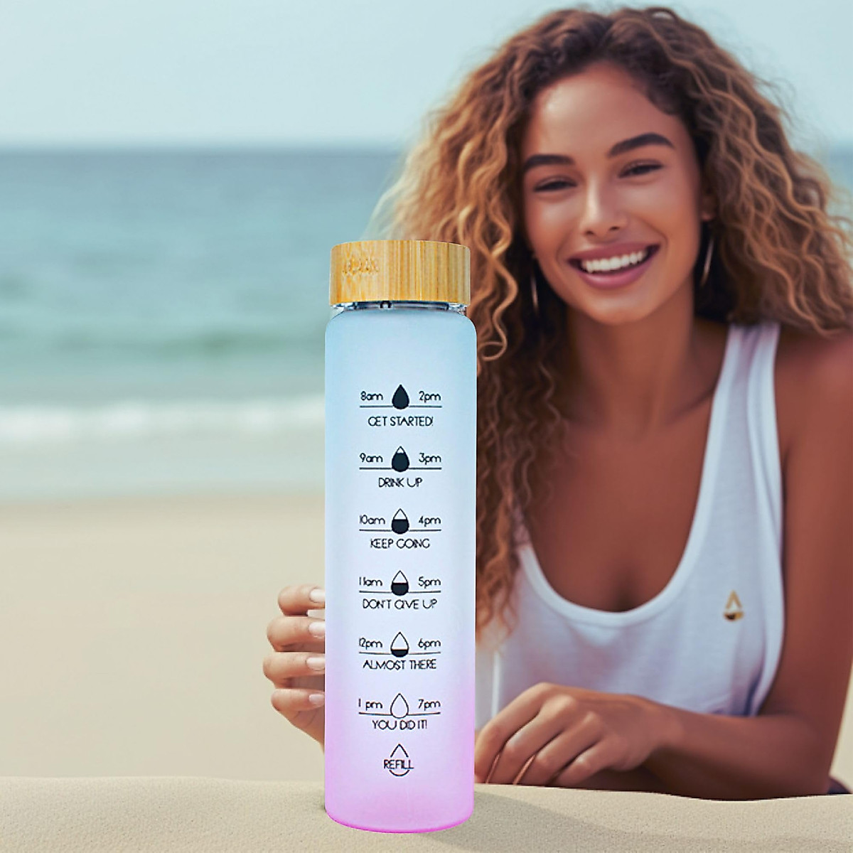 HOLABEAR Glass Motivational Daily Water Intake Bottle with Time Marker 32oz, Reusable, with Leakproof Bamboo Lid and Shoulder Sleeve, for Hot and Cold Drinks, BPA Free(Blue)