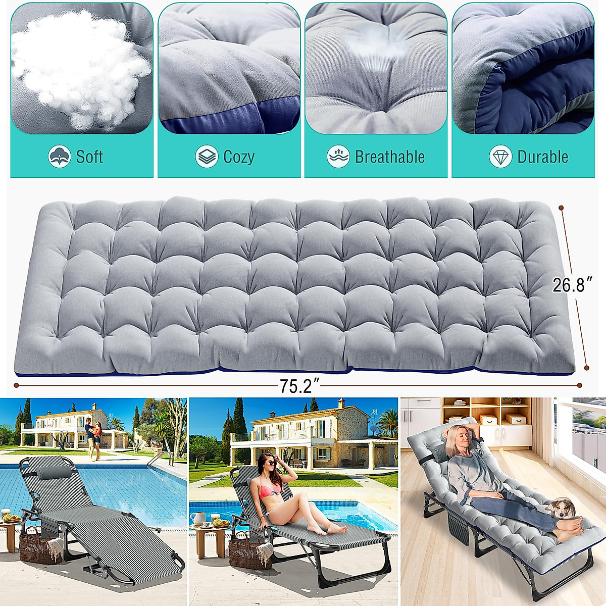 ABORON Heavy Duty Patio Chaise Lounge, 500LB Bearing 3IN1 Adjustable Lounge Chair 1200D Oxford Adults Sleeping Camp Chair, with Mattress (Chaise Lounges, Black Bed and Charcoal Gray Pad)