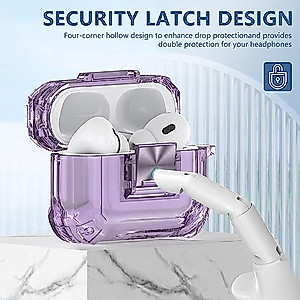Halunbaby for AirPods Pro 2nd Generation Clear Case Cover with Secure Lock Clip Full Drop Protection,High-Transparent Soft TPU Material and Equiped with Cleaner Kit Replacement Eartips(S/M/L) (Purple)