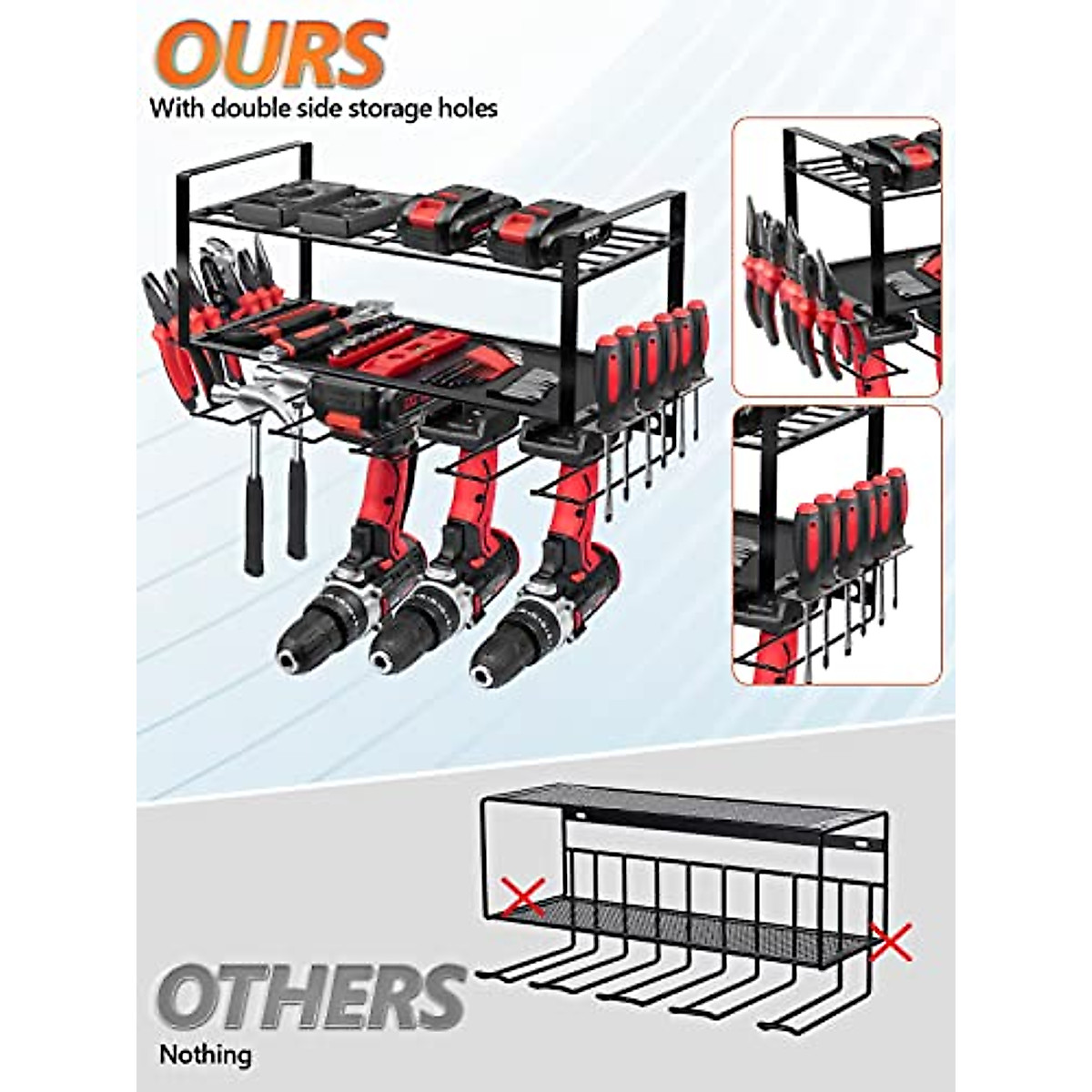 Power Tool Organizer-Drill Holder Wall Mount,3 Layers Power Tool Storage Rack with 22 holes Screwdriver Holder,Heavy Duty Metal Power Tool Holder for Garage Organization