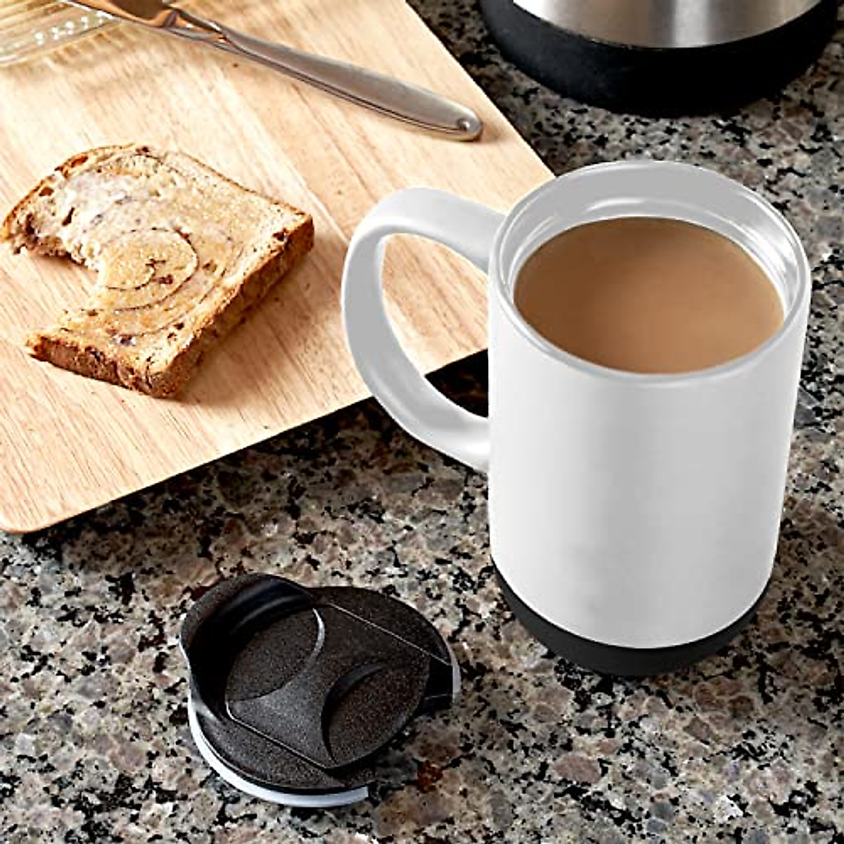 Extra Large Ceramic Coffee Mug w/Lid and Removable Silicone Base - 17 ounce Slideproof Coffee Cups w/Handle and Sip and Cover Lid - Set of 2 Dishwasher Safe Ceramic Travel Mugs - Reusable White Cup