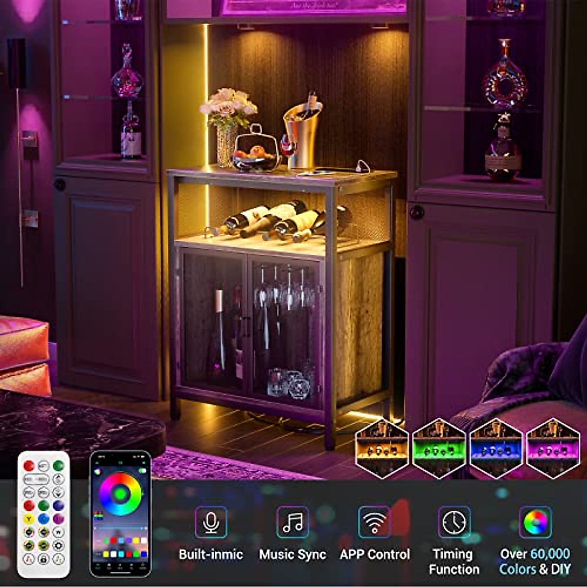 Unikito Wine Bar Cabinet with RGB Light and Outlet, FreeStanding Wine Rack Table, Liquor Cabinet with Glass Holder, Floor Bar Cabinet for Liquor and Glasses for Home Kitchen Dining Room, Black Oak