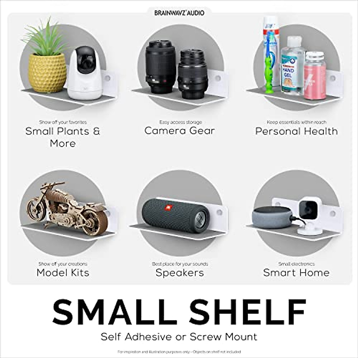 BRAINWAVZ 2-Pack 9” Floating Shelf Bluetooth Speaker Stand, Adhesive & Screw Wall Mount, Anti Slip, for Cameras, Baby Monitors, Webcam, Router, Wide Universal Holder Shelves (SHELF23 White)