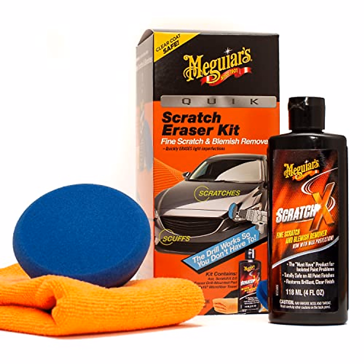 Meguiar's Quik Scratch Eraser Kit, Car Scratch Remover for Repairing Surface Blemishes, Car Care Kit with ScratchX, Drill-Mounted Pad, and Microfiber Towel, 3 Count