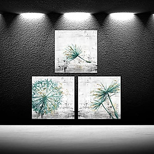 3 Piece Framed Canvas Wall Art Teal Dandelion on Rustic Grey Background Canvas Prints Home Artwork Decoration for Living Room Bedroom Farmhouse Decor 12x12x3 Panels (Small)