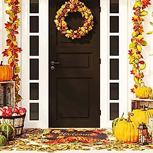 Pumpkin Welcome Mat for Indoor/Outdoor Bedroom Kitchen, Autumn Maple Leaves Welcome Doormats Thanksgiving Entrance, Low-Profile Floor Mat for Fall, 17 x 29 Inch