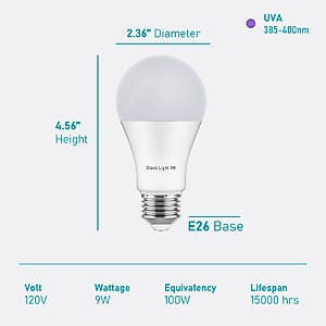 Maelsrlg Black Light Bulb 9W(100W Equivalent), LED UV Light Bulb Glow in The Dark, UVA Level (385-400nm), E26 Medium Base, Non-Dimmable, 1 Pack