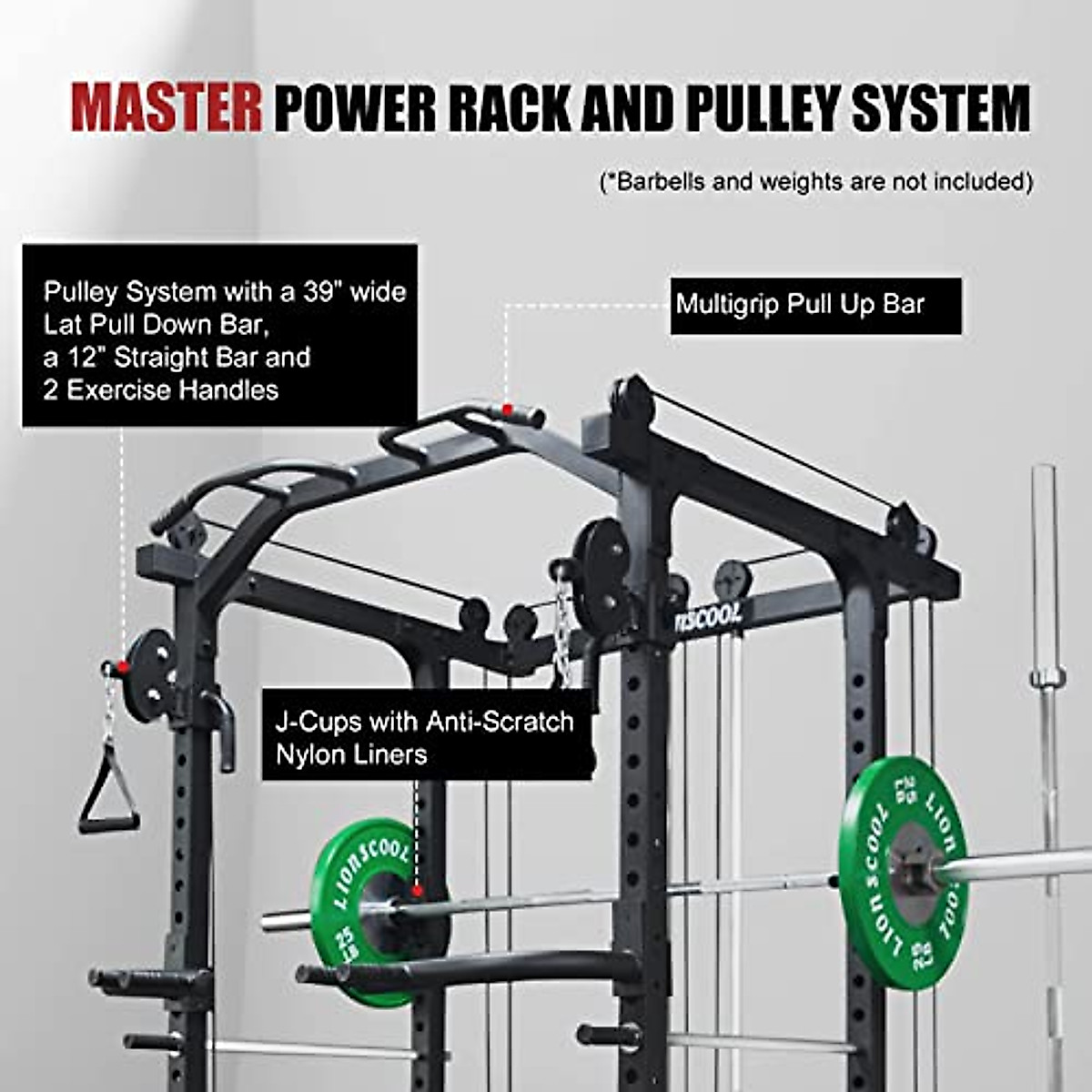 LIONSCOOL Master Power Rack & All-in -One Cable Crossover Cage for Home/Garage Gym, 1500LBS Rackable Capacity, Stronger, Safer and Multifuntional (Black 2022)