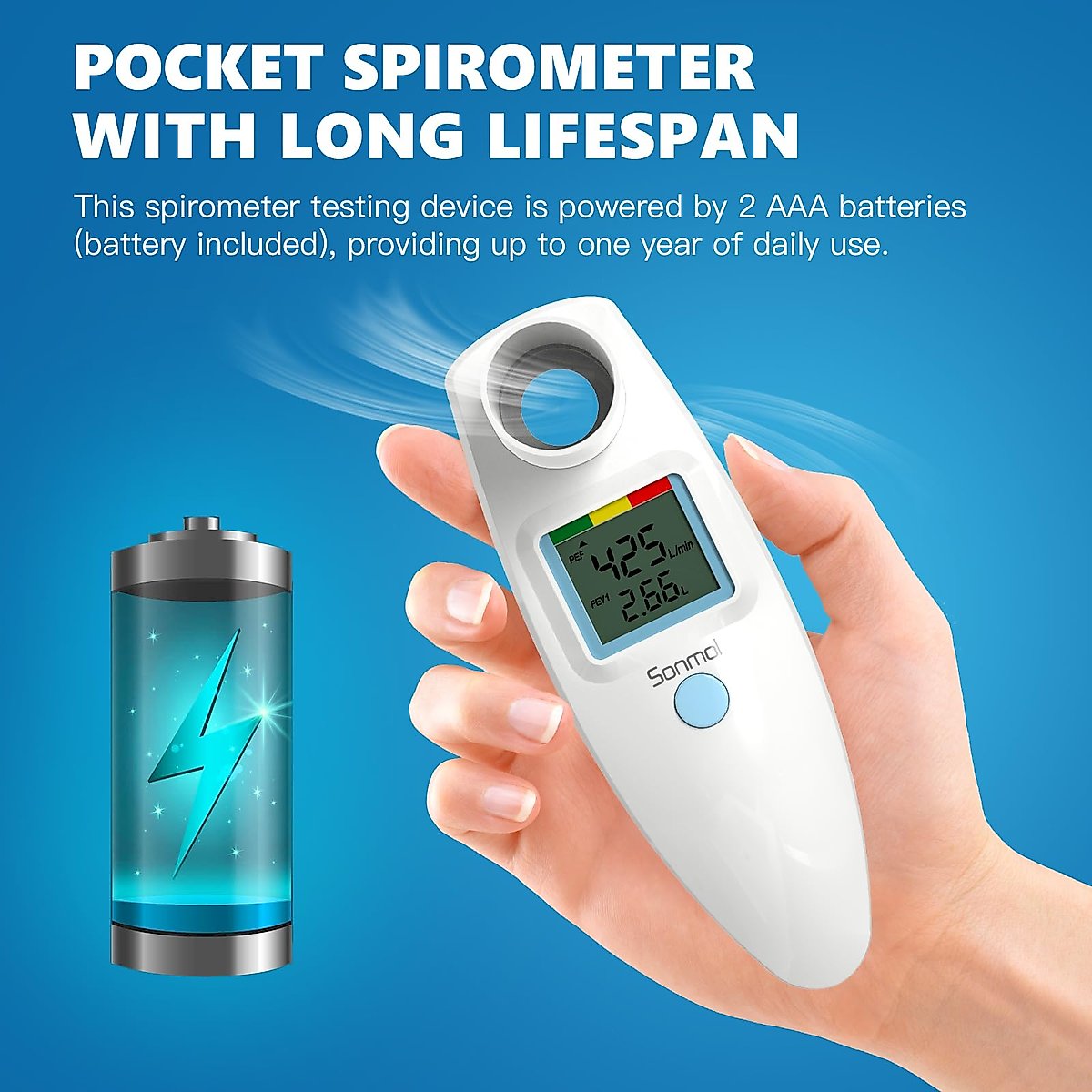 Sonmol Digital Peak Flow Meter Portable PEF Forced Expiratory Volume FEV1 Tester with Red Yellow Green Risk Indicator