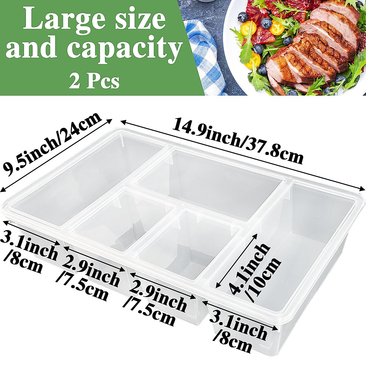 Haawooky 2 Pack Divided Veggie Tray with Lid,5 Compartment Serving Tray with Dividers,Plastic Food Storage Containers for Travel Fruit,Vegetable,Salad