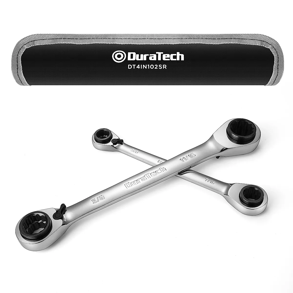 DURATECH 4-in-1 Reversible Ratcheting Box Wrench Set, Double Box End, SAE, 2-Piece, 5/16, 3/8, 7/16, 1/2 & 9/16, 5/8, 11/16, 3/4-Inch, CR-V Steel, Mirror Polished, with Rolling Pouch