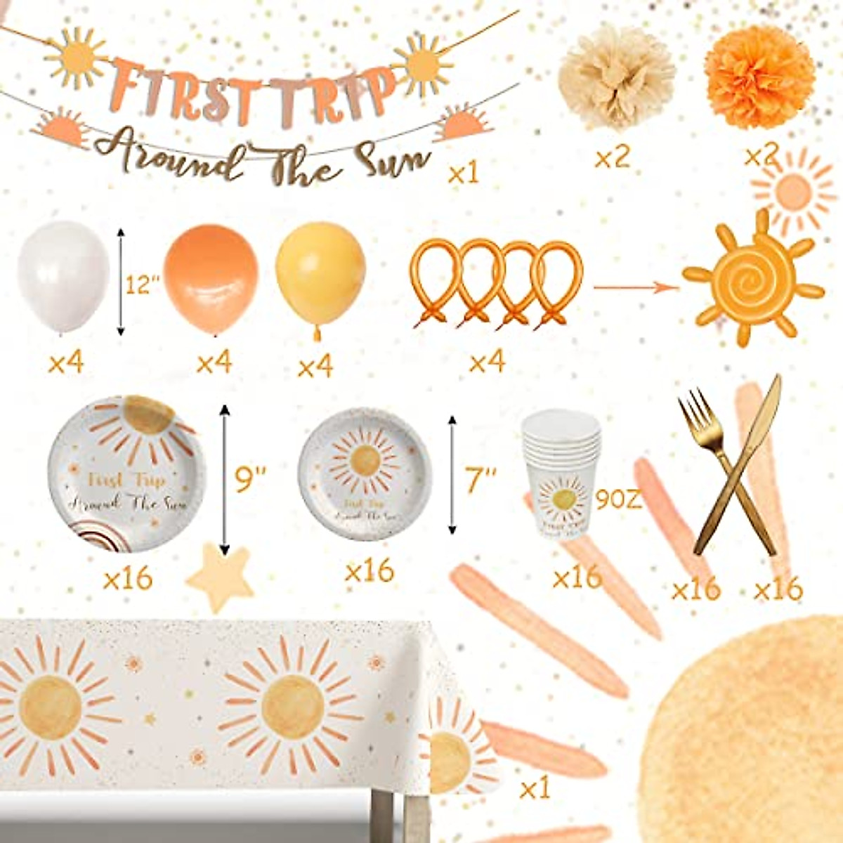 First Trip Around The Sun Birthday Decoration- Boho Sun Theme Tableware Set Include Sun Plates,1st Trip Around The Sun Banner,Sun Boho Tablecloth,Boho Balloons for Sunshine 1st Birthday Supplies