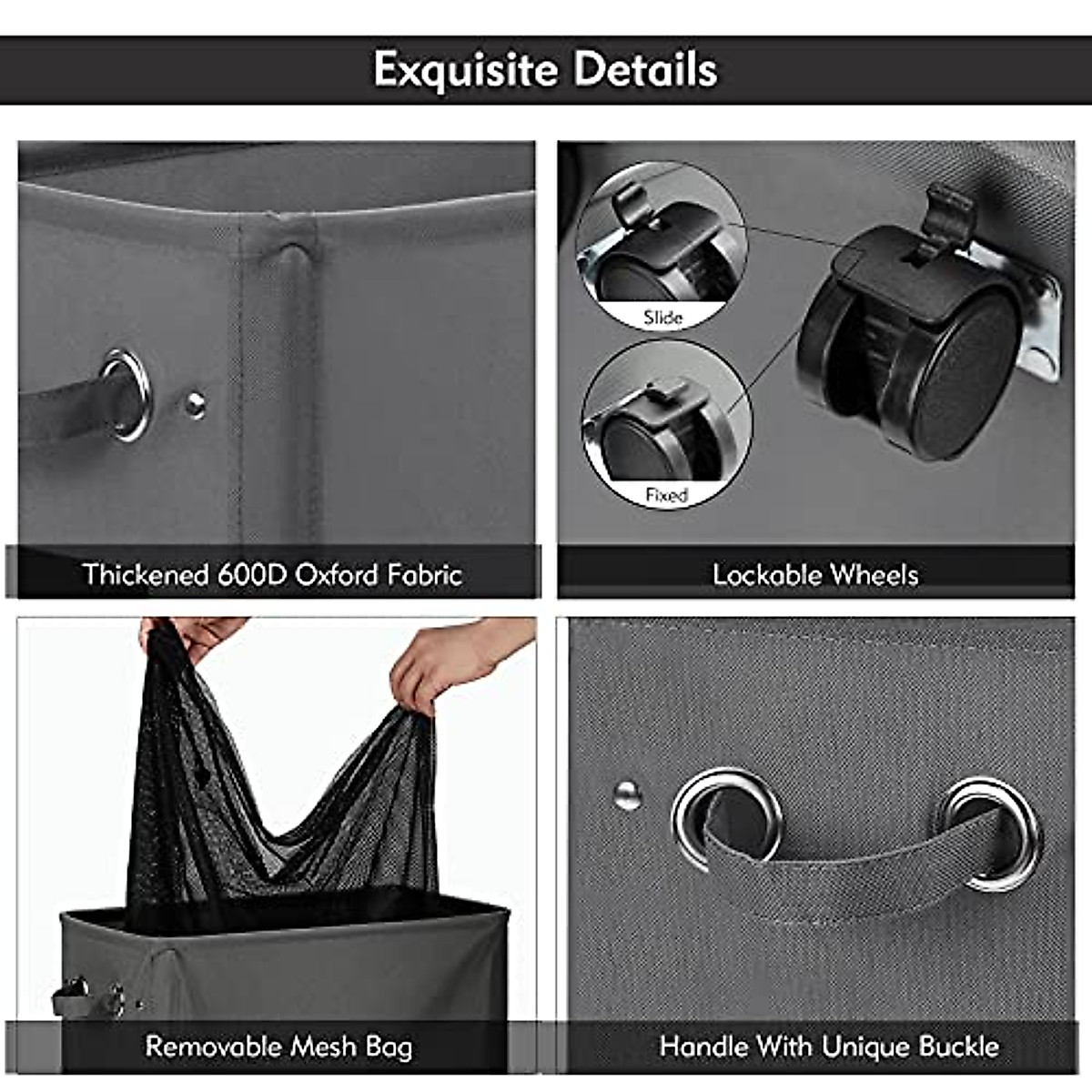 Lifesela X-Large Rolling Laundry Hamper, 27" Tall Slim Laundry Basket with Mesh Liner, Collapsible Dirty Clothes Hamper with Handle, Corner Laundry Bin Laundry Cart with Wheels (Grey)