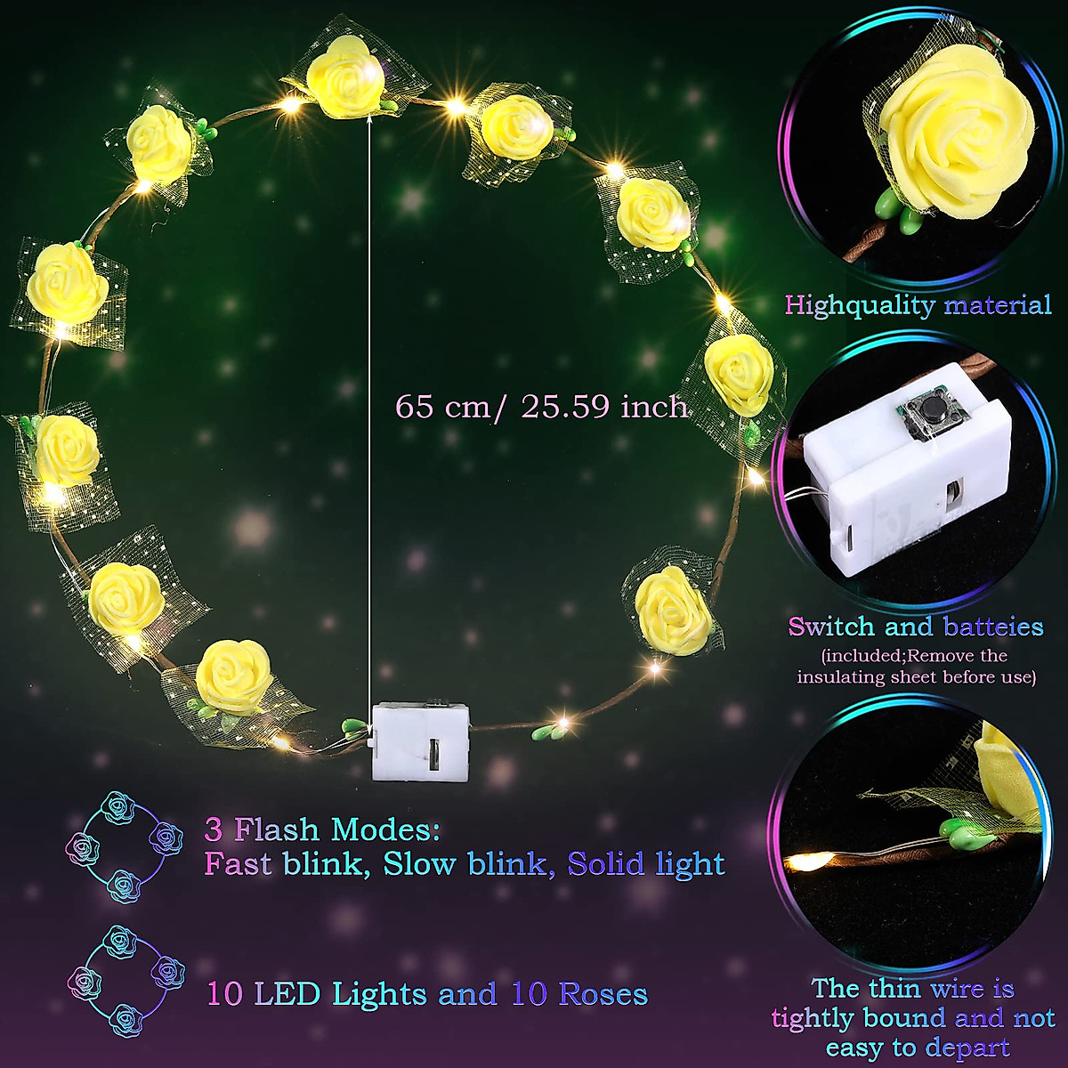 50 Pcs LED Flower Crowns Headbands Light up Flower Hair Wreath Garlands Glowing Floral Headpiece for Halloween Girls Women Cosplay Holiday Wedding Party