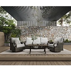 Grand patio 4-Piece Outdoor Patio Furniture Set Rocking Conversation Set Swivel Chairs, Coffee Table Patio Wicker Furniture Set with Woodgrain Finish Frame, Ponce Harbor Dark Brown