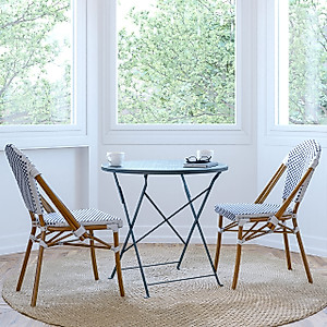 Merrick Lane Celia Bistro Chair - White & Navy Woven PE Seat and Back - Bamboo Finish Aluminum Frame - Set of Two