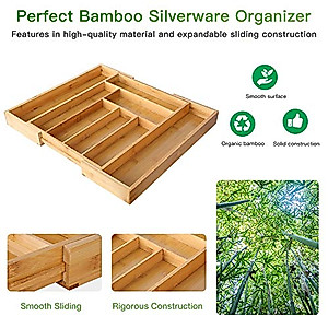 Pipishell Bamboo Expandable Drawer Organizer for Utensils Holder, Adjustable Cutlery Tray, Wood Drawer Dividers Organizer for Silverware, Flatware, Knives in Kitchen, Bedroom, Living Room