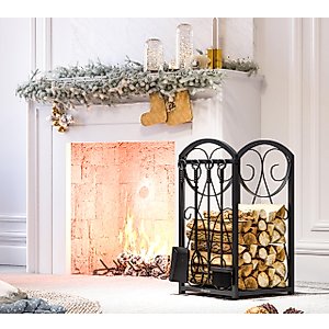 Kingson 5-Piece Firewood Log Rack With 4 Fireplace Tools Set Fireside Holder Wood Lumber Storage Stacking With Tongs Shovel Poker And Brush-Black