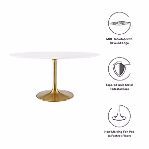 Modway Lippa 60" Oval-Shaped Mid-Century Modern Dining Table with White Wood Top and Gold Base