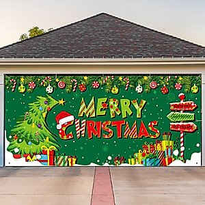 Ganeen Red Green Christmas Outdoor Garage Door Banner Cover 6x13ft Large Merry Christmas Backdrop Decoration Winter Holiday Background Sign for Xmas Garage Door Wall