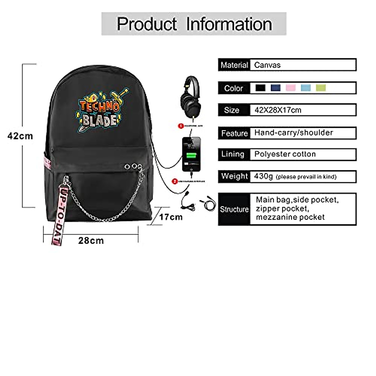 Technoblade Laptop Backpack College Bookbag for Women Men Travel Backpack School Backpack with USB Charging Port (Black 3)