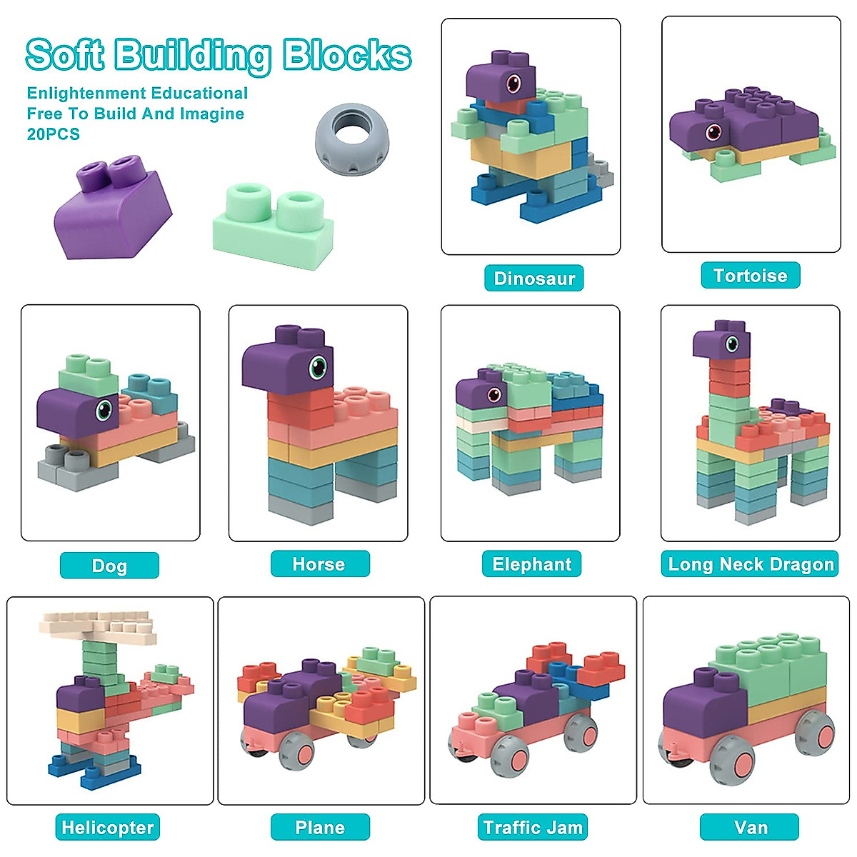 BLUECEDAR Newest Soft Building Blocks Set for Toddler,Baby Ages 6 Month Old and Up,Safe Playing,Learning Stacking Block Toys,Non Wooden Gift for Kid Girl/Boys,20Pieces