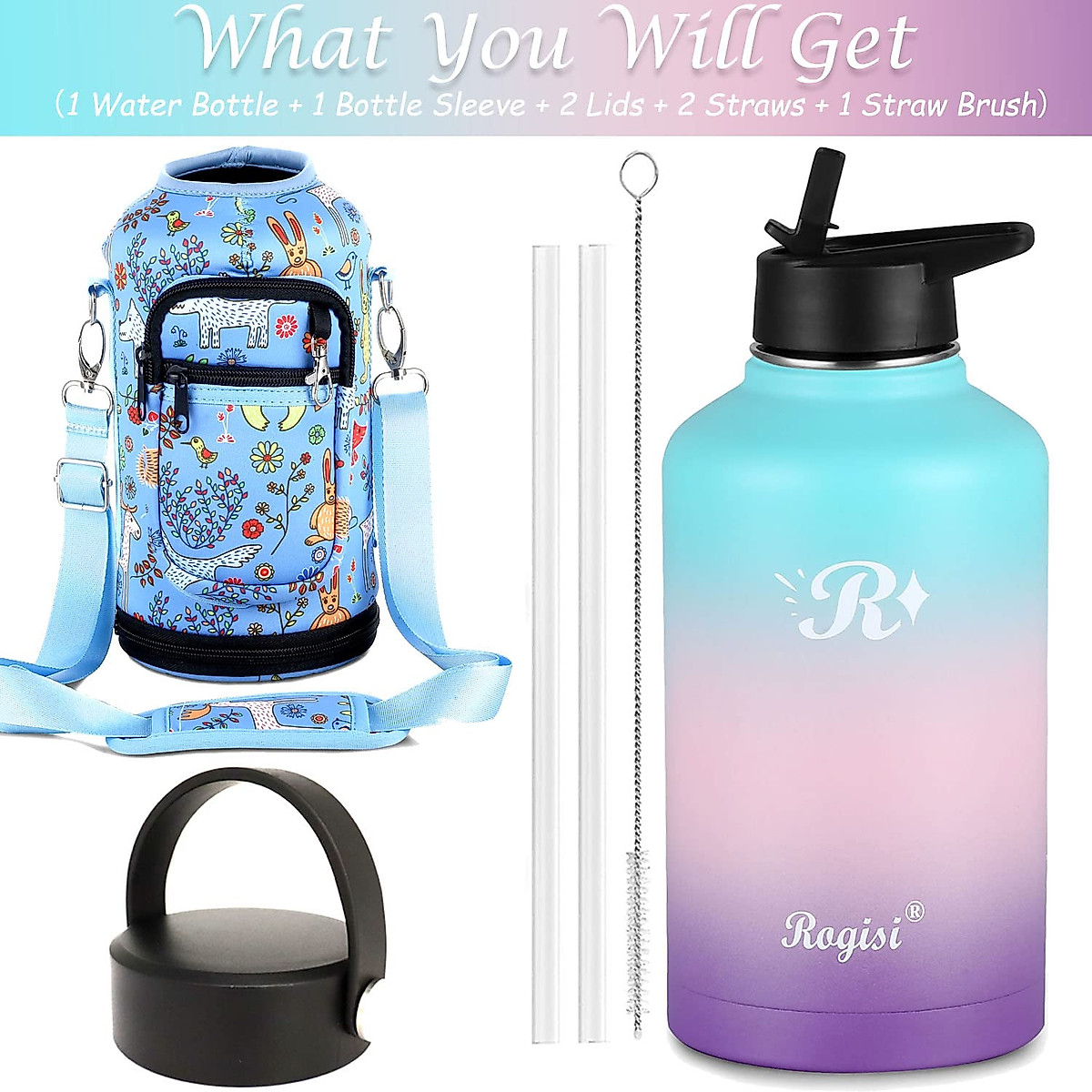 Half Gallon/ 64oz Water Bottle with Straw and Sleeve Insulated, Wide Mouth Stainless Steel Big Gallon Water Jug, Keep Cold for 48 Hrs or Hot for 24 Hrs Vacuum Metal Thermos Mug with Handle