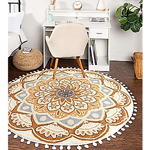 Uphome Round Rug 4ft Yellow Circle Boho Rug with Pom Pom Fringe Non-Slip Washable Living Room Rug Soft Cute Blooming Mandala Throw Rug for Kid's Room Bedroom Entryway Nursery