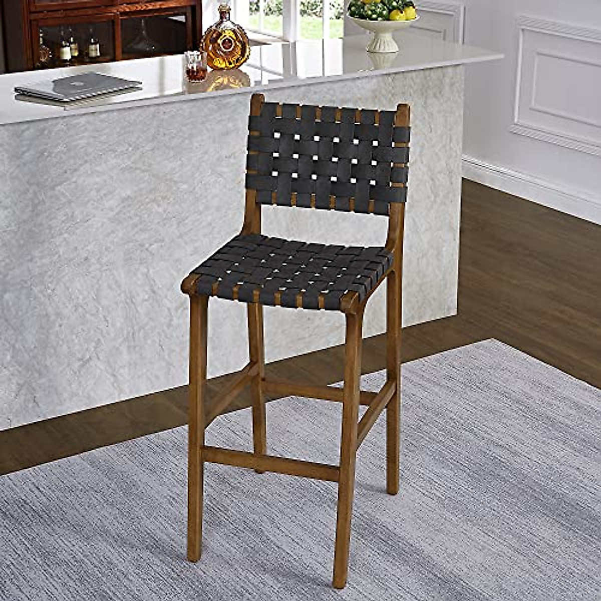 Ball & Cast Upholstered bar stools with Back, Solid Wood Frame and Faux Leather Woven Strips, bar Height Stool Dark Grey, Fully Assembled (HSA-1110-30)