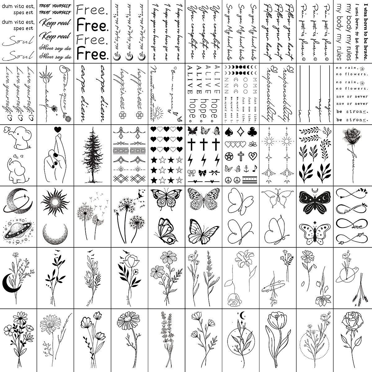 Realistic Temporary Tattoos for Women - 60 Sheets Tiny Small Removable Adult Fake Tattoos,185 Pcs Minimalist Waterproof Inspirational Quotes Words Wild Flower Floral Bouquet Adults Tattoo Stickers