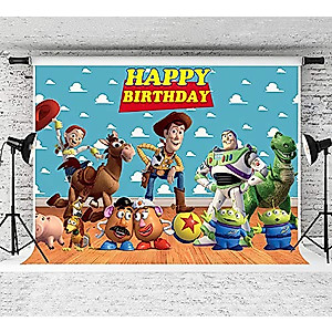 Cartoon Toy Story Birthday Party Theme Photography Backdrops Blue Sky White Clouds Banner Kids Birthday Party Photo Background Cake Table Decoration Supplies Studio Booth Props 5x3ft Vinyl
