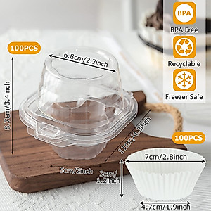 FVIEXE 100 Pack Individual Cupcake Containers, Single Plastic Cupcake Storage Boxes, Disposable Clear Cupcake Holder with Lid To Go Muffin Transport Carrier with 100 Pack Cupcake Liners for Party