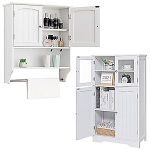 IWELL Bathroom Wall Cabinet & Bathroom Floor Cabinet bundle, Medicine Cabinet with 1 Adjustable Shelf & Double Doors, Storage Cabinet with Glass Doors & Adjustable Shelf, Wall Mounted Bathroom Cabinet