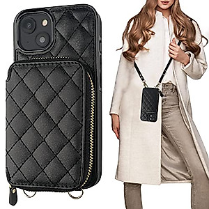 Bocasal Crossbody Wallet Case for iPhone 14, RFID Blocking PU Leather Zipper Handbag Purse Flip Cover, Kickstand Folio Case with Card Slots Holder Wrist Strap Lanyard 5G 6.1 Inch (Black)