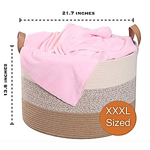 Decospark XXXL Cotton Rope Basket for Toy and Blanket Storage| 21.7" x 13.8" | Soft Long Handles | Decorative Home Organizer Ideal for Living Room, Baby Clothes and Laundry (Camel Grey and Cream)