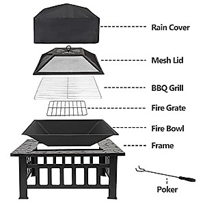 JupiterForce 32" Outdoor Metal Fire Pit Square Metal Firepit Stove for Backyard, Patio, Garden, Bonfire, Camping and Picnic with Rainproof Cover, Black