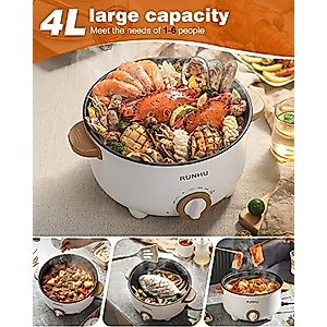 RUNHU Electric Hot Pot with Steamer, 4L Non-Stick Electric Frying Pan with Multi-Power Control, 3.1" Depth Multifunctional Cooker with Overheating Protection for Shabu Shabu, Noodles, Sauté (White)