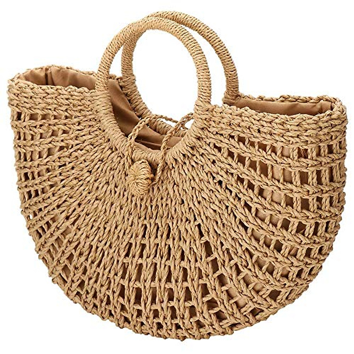 Straw Bags for Women,Hand-woven Straw Top-handle Bag with Round Ring Handle Summer Beach Rattan Tote Handbag (Khaki)