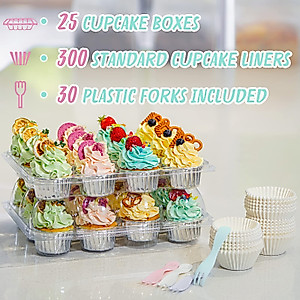 wookgreat (12 Pack x 25 Sets) Stackable Cupcake Carrier with 300 Pack Cupcake Liners and 30 Spoons, Plastic Cupcake Boxes Holders for 12 Cupcakes, Cupcake Containers, Clear Disposable Cupcake Trays