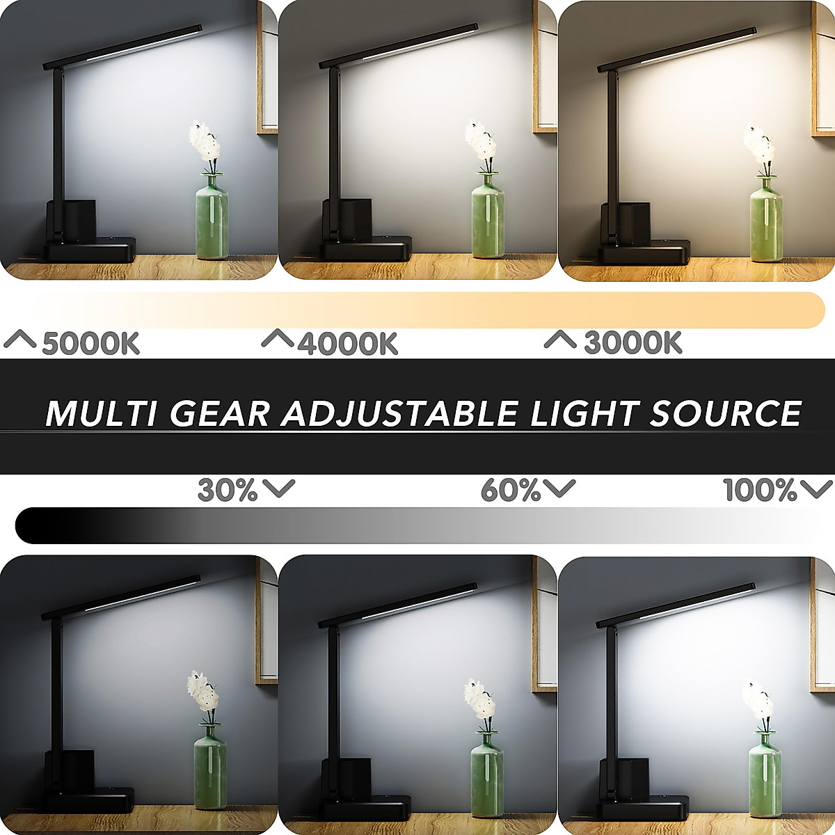 Desk Lamp,Desk Lamps for Home Office,COZOO LED Desk Lamp with 2 USB Charging Ports,2 Pen Holders,1 Outlet,3 Color 3 Brightness Levels,Touch/Memory/Timer,LED Desk Light Small Desk Lamp Kids Study Lamp