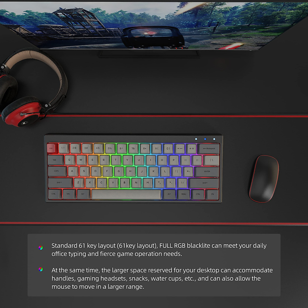 Ractous RTK61BP 60% Wireless Mechanical Gaming Keyboard,RGB Blacklit PBT Sublimation Keycaps 61keys Bluetooth5.1/Wried Gaming Keyboard for PC/Mac Gamers,Hot-Swap Gateron Optical Yellow Switch-Black