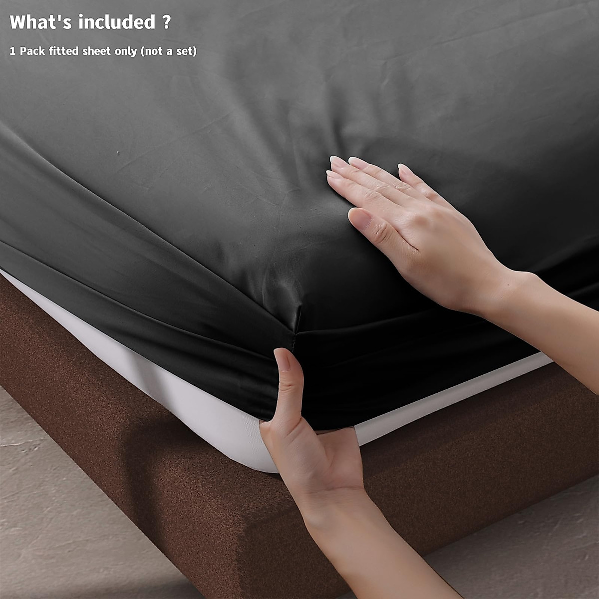 100% Egyptian Cotton Fitted Sheet Twin Size Black, 600 Thread Count, 8-16" Deep Pocket Sheet, Soft & Elastic Sateen Weave Bottom Sheet for Hotel & Home (Black, 1 Pack Fitted Sheet Only,Twin)