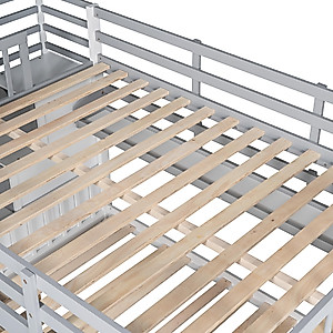 BIADNBZ Full Over Full Castle Style Bunk Bed with Slide and Stairs, Wooden Stairway BunkBed w/2 Drawers Storage and 3 Shelves for Kids Boys Girls Bedroom, Gray