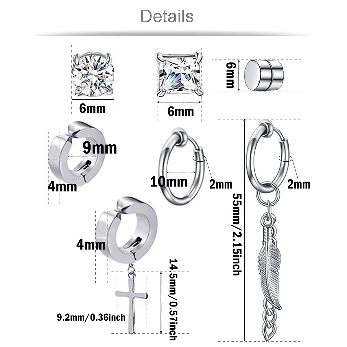 Ofeiyaa 7 Pairs Magnetic Stud Earring Stainless Steel CZ Clip On Earring Non- Piercing Huggie Chain Pendant Earring Feather Hinged Hoop Earrings Set For Women Men Silver Tone.