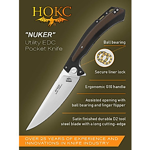 HOKC Nuker | 347-109406 | Utility Knife, Pocket Knife, EDC Knife by Official Dealer - Designed by Russian Master Aleksander Biryukov - Liner Lock, G10 Handle, Finger Flipper, Ball Bearing Pivot, Adjustable Pocket Clip, Long and Durable D2 Stainless Tool S