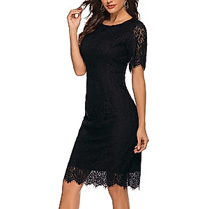 MEROKEETY Women's Short Sleeve Lace Floral Cocktail Dress Crew Neck Knee Length for Party, ShortBlack, Medium